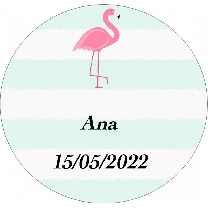 Autocollant Flamant Rose Rond Personnalisé Avec Nom Et Date Taille Mini