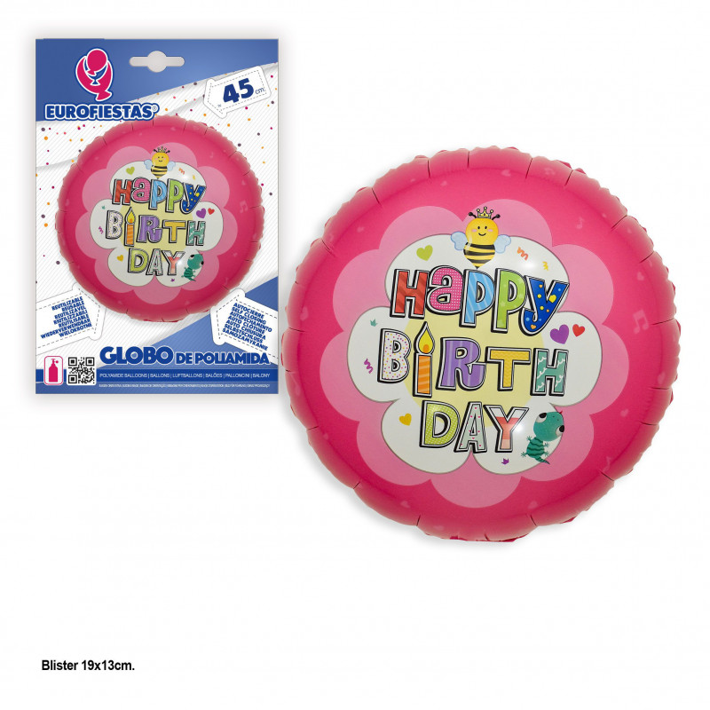 Ballon Aluminium 45Cm Rond Joyeux Anniversaire Abeille Rose