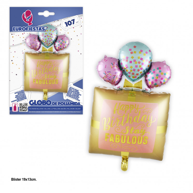 Ballon Aluminium Cadeau Joyeux Anniversaire Avec Ballons Dorés 107 Cm